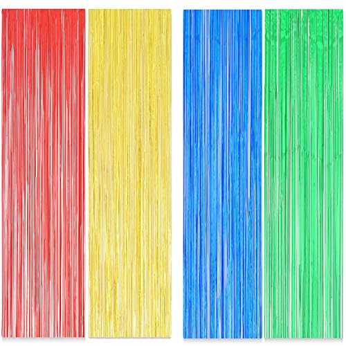 Boopati 3.2x6.6 ft Red Yellow Blue Green Metallic Tinsel Foil Fringe Curtains for Mario Theme Party Boy Birthday Baby Shower Photo Backdrop Decorate,4 Packs