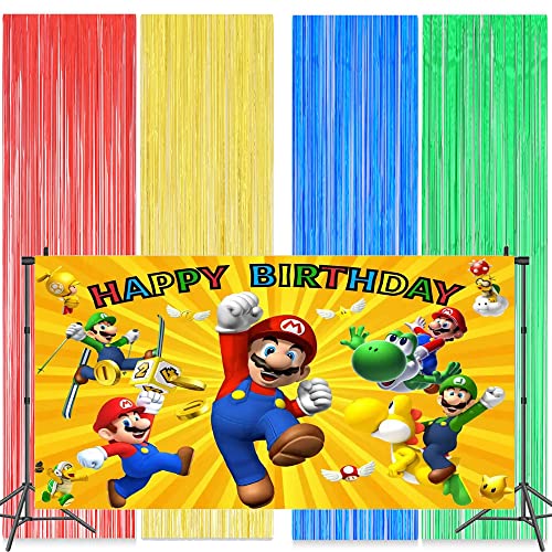 Boopati 3.2x6.6 ft Red Yellow Blue Green Metallic Tinsel Foil Fringe Curtains for Mario Theme Party Boy Birthday Baby Shower Photo Backdrop Decorate,4 Packs