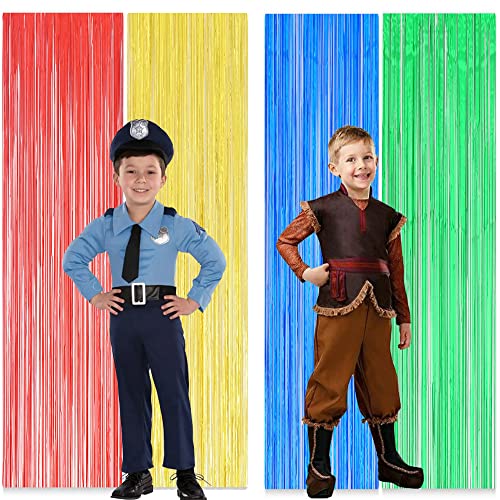 Boopati 3.2x6.6 ft Red Yellow Blue Green Metallic Tinsel Foil Fringe Curtains for Mario Theme Party Boy Birthday Baby Shower Photo Backdrop Decorate,4 Packs