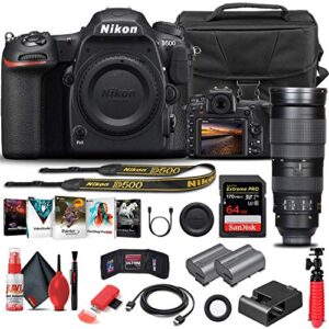 nikon d500 dslr camera (body only) (1559) + nikon 200-500mm lens + 64gb memory card + case + corel photo software + en-el 15 battery + card reader + hdmi cable + deluxe cleaning set + more (renewed)