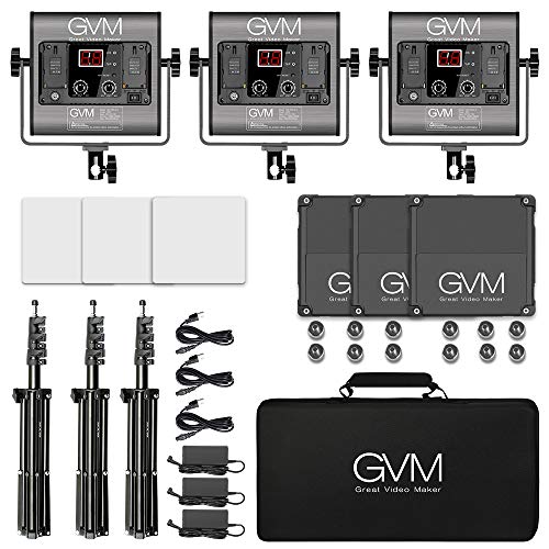 GVM 3 Pack LED Video Lighting Kits with APP Control, Bi-Color Variable 2300K~6800K with Digital Display Brightness of 10~100% for Video Photography, CRI97+ TLCI97 Led Video Light Panel +Barndoor