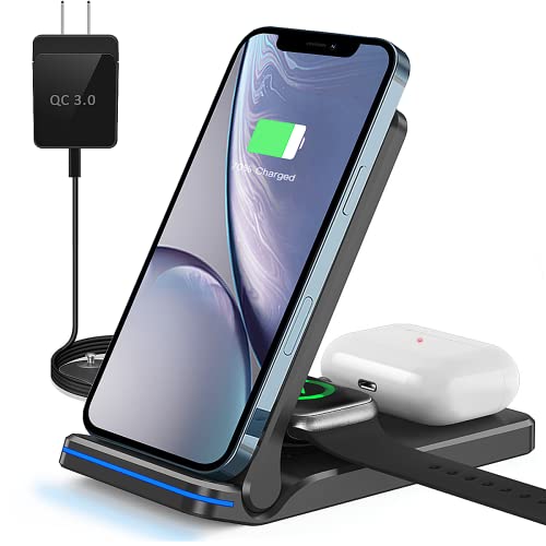 Wireless Charger, 3 in 1 15W Fast Charging Dock Stand for iPhone 14/13/12/11/Pro Max/XS/XR/X/8 Plus/8, Compatible with Apple Watch Series and AirPods 3/2/Pro with 18W Adapter（Black）