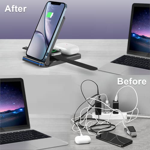 Wireless Charger, 3 in 1 15W Fast Charging Dock Stand for iPhone 14/13/12/11/Pro Max/XS/XR/X/8 Plus/8, Compatible with Apple Watch Series and AirPods 3/2/Pro with 18W Adapter（Black）