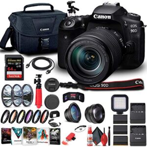 canon eos 90d dslr camera with 18-135mm lens (3616c016) + 64gb memory card + case + corel photo software + 2 x lpe6 battery + external charger + card reader + led light + filter kit + more (renewed)