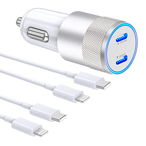 [Apple MFi Certified] iPhone Fast Car Charger, esbeecables 60w Dual-Port PD 3.0 USB C Car Charger PPS Rapid Cigarette Lighter Adapter with 2 Pack Type C to Lightning Cable for iPhone/iPad/AirPods Pro