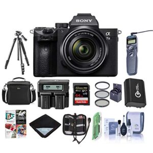 sony alpha a7 iii 24mp uhd 4k mirrorless digital camera with 28-70mm lens – bundle 64gb sdhc u3 card, camera case, spare battery, tripod, dual charger, remote shutter release, software pack, and more