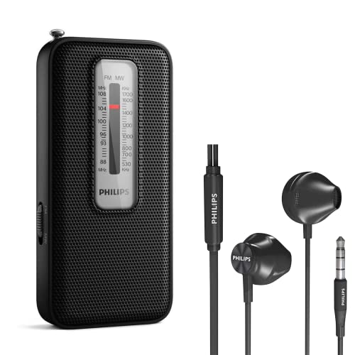 Philips FM/AM Portable Pocket Radio, Battery Powered Radio, Telescopic Antenna + Philips Headphones