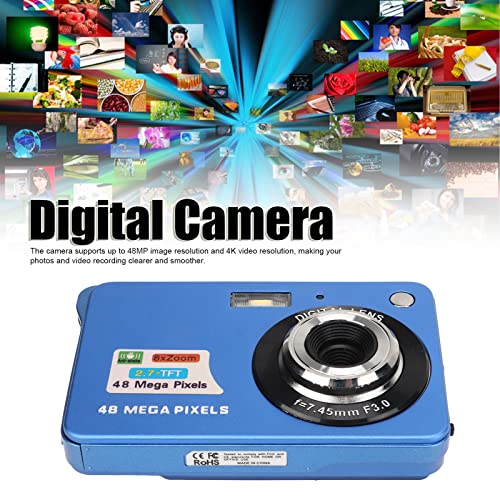 Digital Camera, 4K Ultra HD Mini Camera 48MP 2.7in Screen, USB Rechargeable, Compact Camera Pocket Camera with 8X Digital Zoom for Kid's Gifts (Blue)