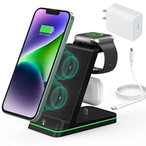 charging station for apple devices, 3 in 1 wireless charger stand with 20w usb c adapter compatible with iphone 14 13 12 11 pro max 8 xs xr, fast charging stand dock for apple watch series & airpods