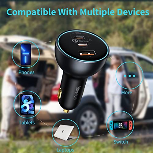 160W USB C Car Charger, Baseus Type C Car Charger, QC5.0 PD3.0 PPS 3 Ports Super Fast Charging Car Phone Charger Adapter for iPhone 14 13 12 Pro, Samsung S22 S21 iPad MacBook Pro Air Laptop Steam Deck