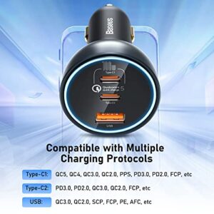 160W USB C Car Charger, Baseus Type C Car Charger, QC5.0 PD3.0 PPS 3 Ports Super Fast Charging Car Phone Charger Adapter for iPhone 14 13 12 Pro, Samsung S22 S21 iPad MacBook Pro Air Laptop Steam Deck