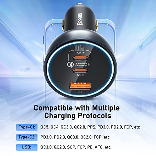 160W USB C Car Charger, Baseus Type C Car Charger, QC5.0 PD3.0 PPS 3 Ports Super Fast Charging Car Phone Charger Adapter for iPhone 14 13 12 Pro, Samsung S22 S21 iPad MacBook Pro Air Laptop Steam Deck