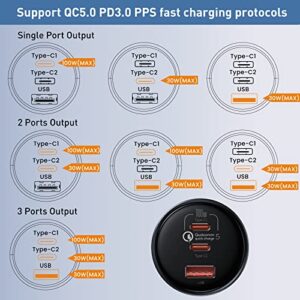 160W USB C Car Charger, Baseus Type C Car Charger, QC5.0 PD3.0 PPS 3 Ports Super Fast Charging Car Phone Charger Adapter for iPhone 14 13 12 Pro, Samsung S22 S21 iPad MacBook Pro Air Laptop Steam Deck