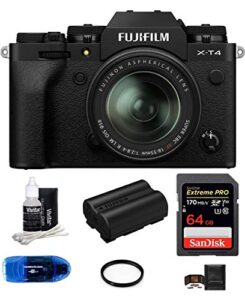 fujifilm x-t4 mirrorless digital camera with xf 18-55mm f/2.8-4 r lm ois lens (black) bundle, includes: sandisk 64gb extreme pro sdxc memory card, spare fujifilm np-w235 battery + more (7 items)