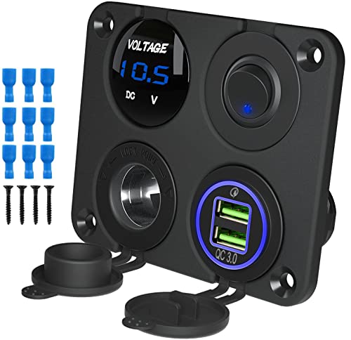 Kohree 12V Marine Car Charger Socket Panel, 4 in 1 Waterproof Boat Cell Phone Rocker Switch Panel with Dual QC3.0 USB Power Outlet Cigarette Lighter Socket for RV Marine Boat Camper Truck Automotive