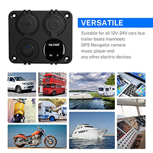 Kohree 12V Marine Car Charger Socket Panel, 4 in 1 Waterproof Boat Cell Phone Rocker Switch Panel with Dual QC3.0 USB Power Outlet Cigarette Lighter Socket for RV Marine Boat Camper Truck Automotive