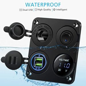 Kohree 12V Marine Car Charger Socket Panel, 4 in 1 Waterproof Boat Cell Phone Rocker Switch Panel with Dual QC3.0 USB Power Outlet Cigarette Lighter Socket for RV Marine Boat Camper Truck Automotive