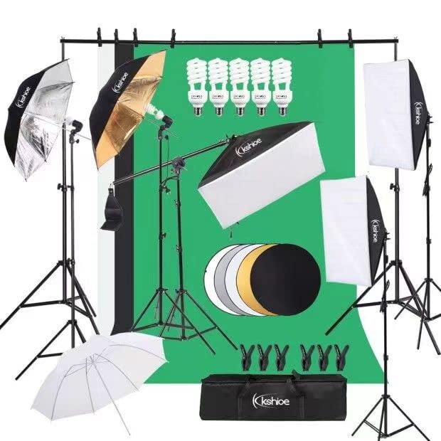 Kshioe Photography Lighting Kit, Umbrella Softbox Set Continuous Lighting with 6.5ftx9.8ft Background Stand Backdrop Support System for Photo Studio Product, Portrait and Video Shooting