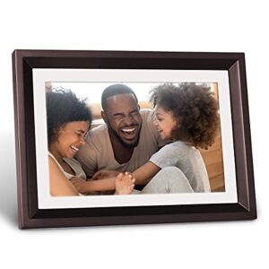 lovcube digital picture frame 10.1 inch wifi digital photo frame with hd touch screen auto-rotate share photos and videos via app anytime and anywhere(dark brown)