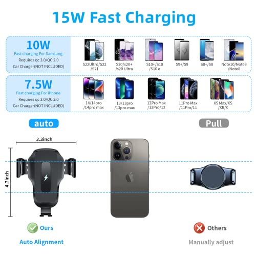 [2023 Upgraded] Wireless Car Charger, 15W Fast Charging Phone Mount for Car Vent, Auto-Clamping Car Phone Holder for iPhone 14/13/12/11/Xs/X/8 Samsung Galaxy S23/S22/S21/S20 & Note Series