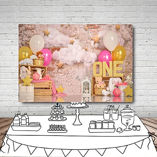 MEHOFOND 10x7ft Pink Gold Balloon Girl First Birthday Party Backdrops Sweet One Retro Brick Wall Cloud Gold Stars Photography Background Portrait Photo Studio Decoration Banner Props for Cake Smash