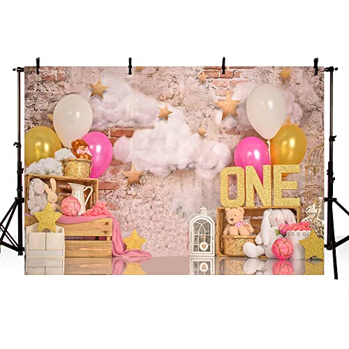 MEHOFOND 10x7ft Pink Gold Balloon Girl First Birthday Party Backdrops Sweet One Retro Brick Wall Cloud Gold Stars Photography Background Portrait Photo Studio Decoration Banner Props for Cake Smash