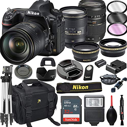 Nikon D850 DSLR Camera with 24-120mm VR + Tamron 70-300mm + 32GB Card, Tripod, Flash, and More (21pc Bundle)