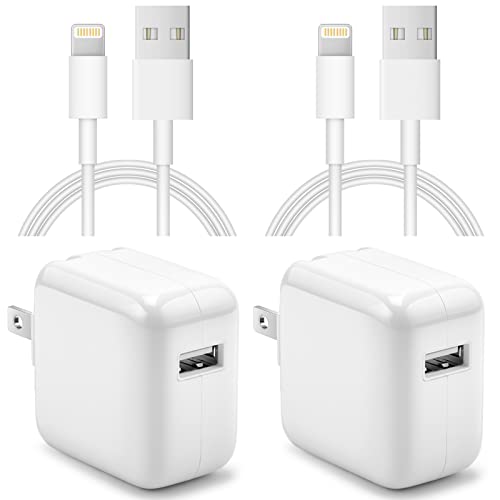 iPad Charger iPhone Charger【Apple MFi Certified】 [2-Pack] 12W USB Wall Charger Foldable Travel Plug Block with 6FT USB Flat Ribbon Cable Compatible with iPad iPhone, iPad, Airpod