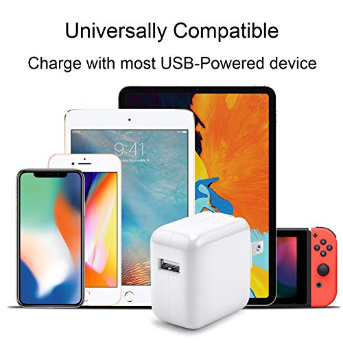 iPad Charger iPhone Charger【Apple MFi Certified】 [2-Pack] 12W USB Wall Charger Foldable Travel Plug Block with 6FT USB Flat Ribbon Cable Compatible with iPad iPhone, iPad, Airpod