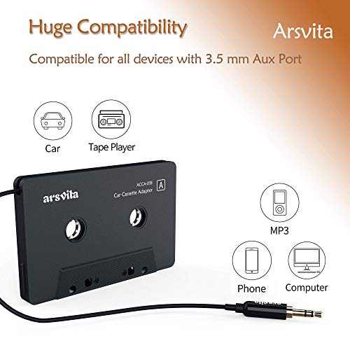 arsvita Car Audio Cassette to Aux Adapter , 3.5 MM Auxillary Cable Tape Adapter