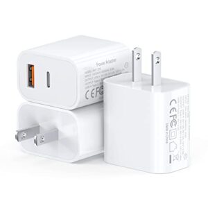 usb c wall charger, 3-pack 20w durable dual port qc+pd 3.0 power adapter, double fast plug charging block brick for iphone 14/14 pro/14 pro max/14 plus/13/12/11, xs/xr/x, watch series 8/7 cube