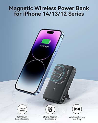 weetla 𝟮𝟬𝟮𝟯 𝗡𝗲𝘄 Magnetic Battery Pack 10000mAh LED Digital Display Foldable Wireless Power Bank with Kickstand USB-C Cable Portable Wireless Charger Power Bank for iPhone 14/13/12 03A (Black)