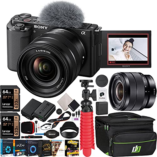 Sony ZV-E10 Mirrorless Alpha APS-C Vlog Camera Body and 10-18mm F4 OSS Wide-Angle Zoom Lens SEL1018 ILCZV-E10/B Black Bundle with Deco Gear Case + Extra Battery + Photo Video Accessories Kit