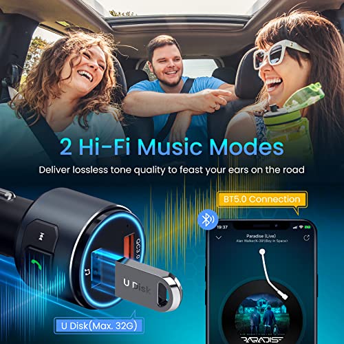 Octeso Upgraded V5.0 FM Bluetooth Transmitter Car, QC3.0 & LED Backlit Wireless Bluetooth FM Radio Adapter Music Player/Car Kit with Hands-Free Calls, Siri Google Assistant