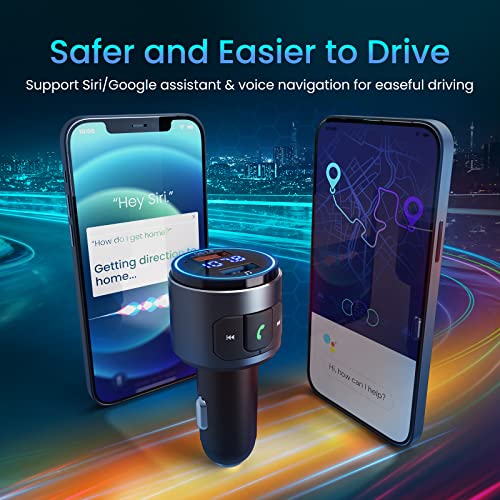 Octeso Upgraded V5.0 FM Bluetooth Transmitter Car, QC3.0 & LED Backlit Wireless Bluetooth FM Radio Adapter Music Player/Car Kit with Hands-Free Calls, Siri Google Assistant