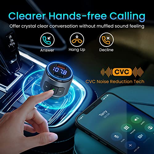 Octeso Upgraded V5.0 FM Bluetooth Transmitter Car, QC3.0 & LED Backlit Wireless Bluetooth FM Radio Adapter Music Player/Car Kit with Hands-Free Calls, Siri Google Assistant