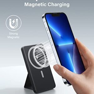 Fokimdo Magnetic Wireless Power Bank, Ultra-Thin 5000mAh Portable Charger Power Bank with Foldable Stand, Mag-Safe Battery Pack 5V/3A USB-C Output Input for iPhone 14/13/12 Series