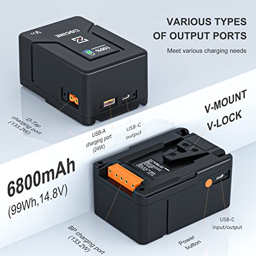 ZGCINE V99 V-Mount Battery 99Wh 14.8V 6800mAh for Video Camera Camcorder Broadcast with USB-C PD Input & Output/D-TAP/USB-A Output,V-Lock Battery Compatible with BMPCC 6K Pro/Canon EOS R5C/Sony FX3