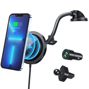 magnetic wireless car charger for iphone 14 pro max/14 pro/14/14 plus/magsafe case,iphone 13/12 series,otao air vent clip [with qc3.0 adapter] windshield dashboard car mount phone holder