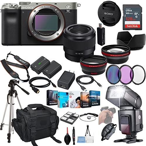 Sony a7C Mirrorless Camera Bundle (Silver)- ILCE7C/S with FE 50mm f/1.8 Lens + Prime Accessory Package Including 128GB Memory, TTL Flash, Extra Battery, Software Package, Auxiliary Lenses & More