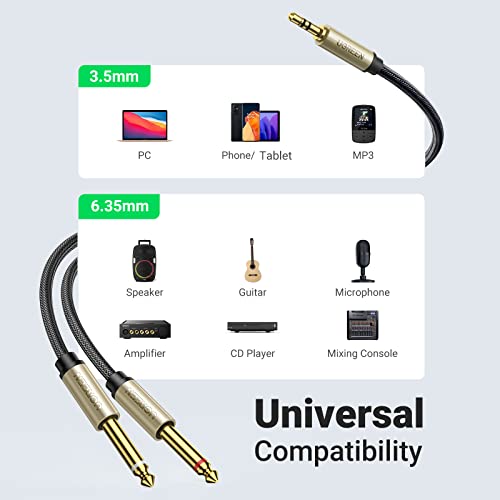 UGREEN 1/8 to 1/4 Stereo Cable 3.5mm TRS to Dual 6.35mm 1/4 TS Mono Y Splitter Audio Cord Adapter Compatible with iPhone, PC, Computer Sound Card, Mixer, Multimedia Speaker, Home Stereo System 3FT