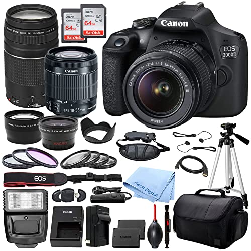 Canon EOS 2000D (Rebel T7) DSLR Camera with EF-S 18-55mm DC III & 75-300mm III Lenses & Deluxe Accessory Bundle – Includes: 2X SanDisk Ultra 64GB SDHC Memory Card, Spare Battery, & More (Renewed)