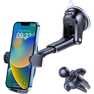 oqtiq 3-in-1 suction cup phone holder windshield/dashboard/air vent, dashboard & windshield suction cup car phone mount with strong sticky gel pad, compatible with iphone, samsung & other cellphone