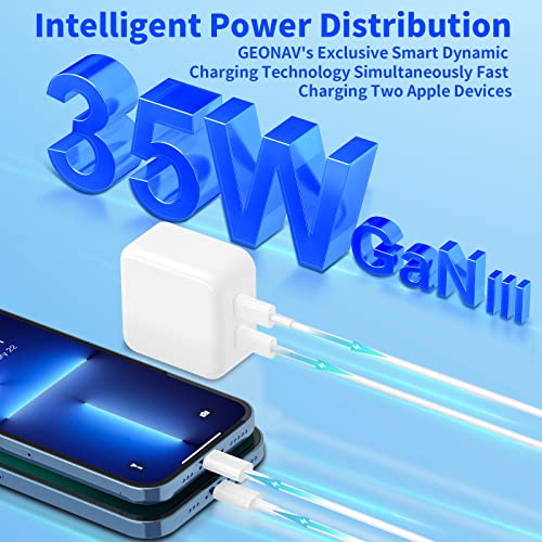 [Apple MFi Certified] iPhone Fast Charger, GEONAV 35W Dual USB-C Port GaN Power ​​​​​​PPS Rapid Charger with 2 Pack 6FT Type C to Lightning Quick Charging Cable for iPhone 14 13 12 11 Pro/XS/XR/X/iPad