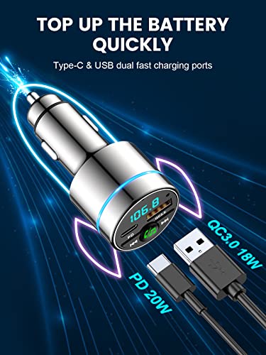 FM Transmitter for Car Bluetooth 5.3, RIWUSI [All-Metal] PD 20W & QC3.0 18W Fast Car Charger, Wireless FM Radio Car Kit Bluetooth Car Adapter, Noise Cancelling Hands-Free Call, Hi-Fi Music, Blue Light