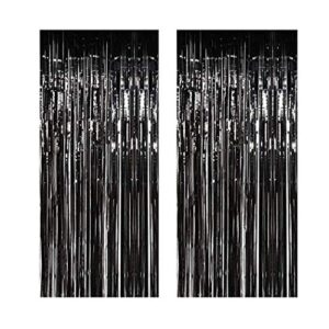 muhome black foil fringe curtain, 2pcs 3.28ft x 8.2ft tinsel door curtains & 1 masking tape black fringe backdrop for wedding birthday baby shower bachelorette party decorations