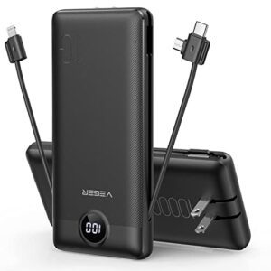 veger portable charger for iphone built in cables fast charging usb c slim 10000 power bank, wall plug usb battery pack for iphones, ipad, samsung more phones tablets (black)