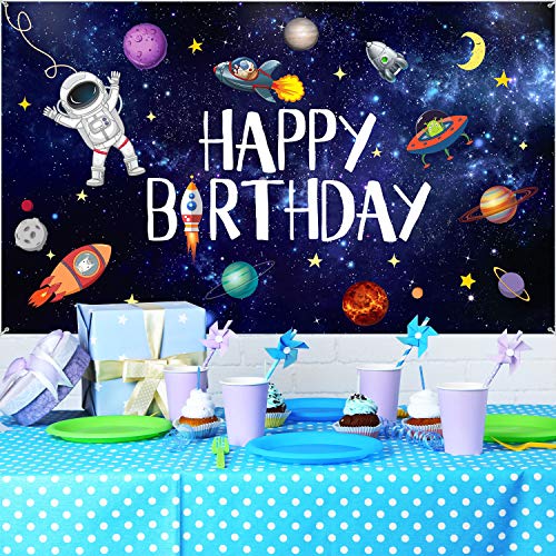 Outer Space Happy Birthday Photography Background Astronaut Rocket Backdrop Banner Astrology Astronomy Planet Galaxy Photo Background for Children's Birthday Galaxy Planet Party Photo Booth Backdrop