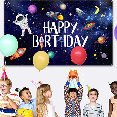 Outer Space Happy Birthday Photography Background Astronaut Rocket Backdrop Banner Astrology Astronomy Planet Galaxy Photo Background for Children's Birthday Galaxy Planet Party Photo Booth Backdrop