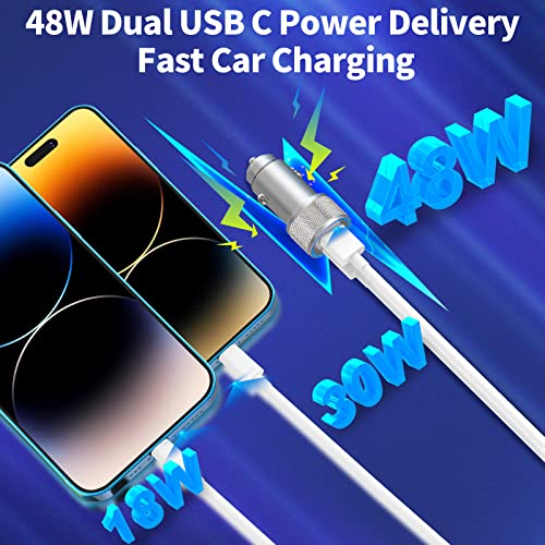 [Apple MFi Certified] iPhone Fast Car Charger, Veetone 48W Dual Port USB C Power Delivery All Metal Car Adapter with 2 Pack Lightning Cable, PD/QC 3.0 Type C Rapid Car Charging for iPhone/iPad/Airpods